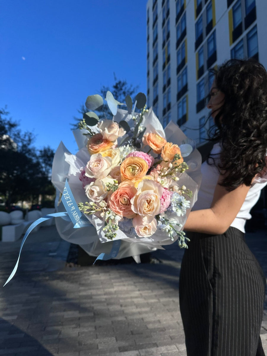 Merci Mari - coral peonies, premium roses, stock flowers, and tweedia ...